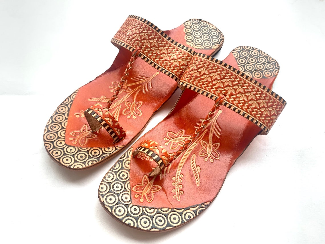 Rust Orange Leather Women's Flat Sandals, Flip Flops, Slip Ons, Summer ...