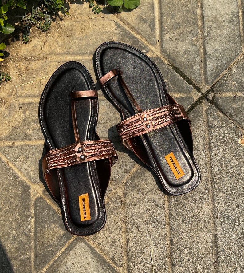 Copper Leather Kolhapuri Sandals, Indian T Strap Boho Handmade Shoes - Etsy