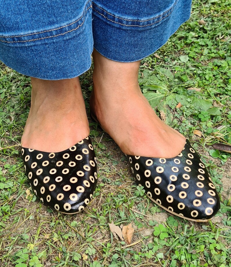 Women's Black Leather Flat Slip on Mules With Beige Polka Dots , Summer ...