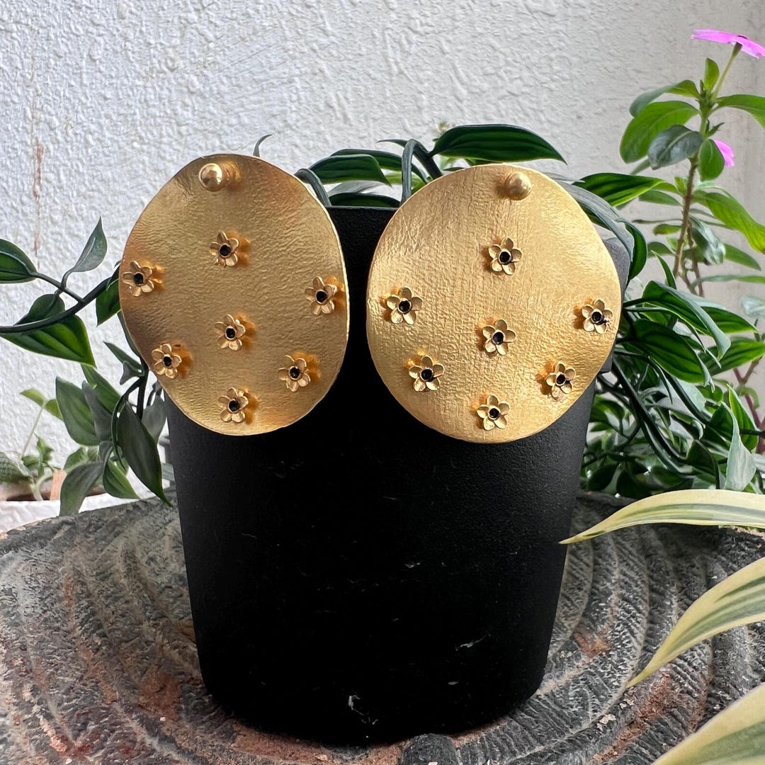 Big Gold Flower Brass Statement Stud Earrings - Brass Round Large ...