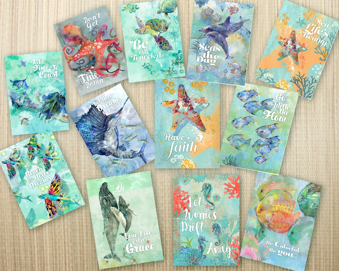Sea Life Blank Note Card Set of 12 Different Note Cards With Envelopes ...