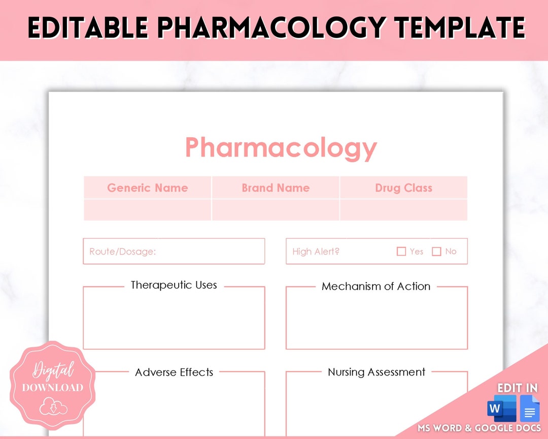 EDITABLE Nursing Pharmacology Template, Nursing Notes, Nursing School ...