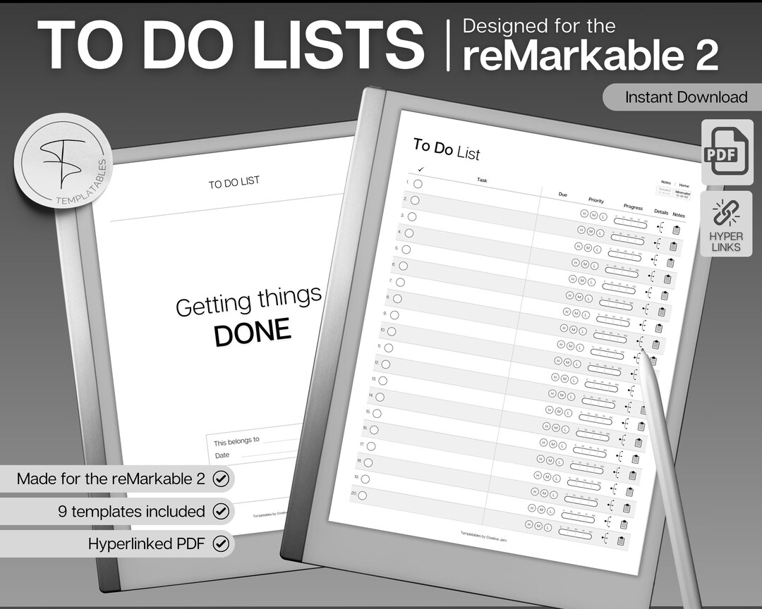 Digital TO DO LISTS for the Remarkable, 9 Hyperlinked Templates for ...