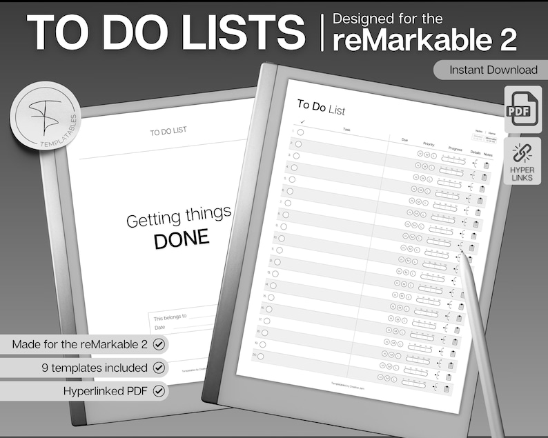 Template for Remarkable, Digital TO DO LISTS, 9 Hyperlinked Templates ...