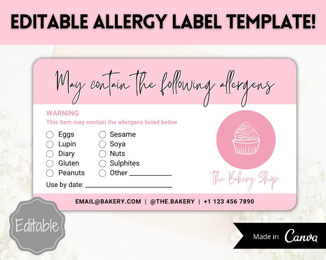 Allergen Label Template, Editable Allergy Label, Allergy Information ...