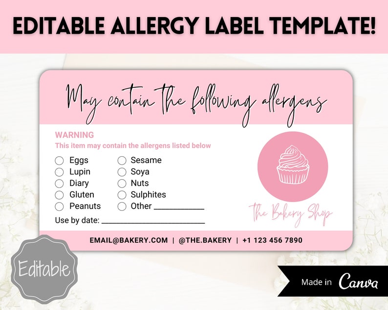 Allergen Label Template, Editable Allergy Label, Allergy Information ...