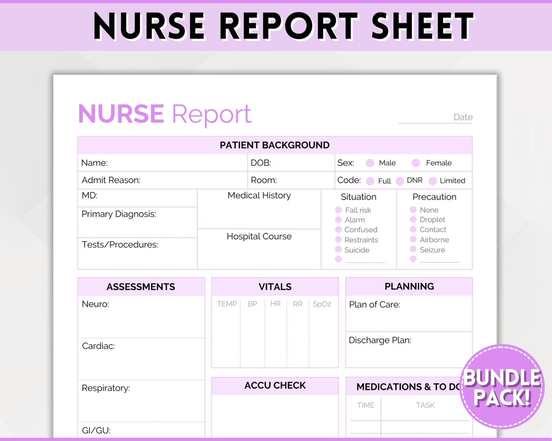 Nurse Report Sheet Bundle, 5 Colors, Nurse Brain Sheet, ICU Nurse ...