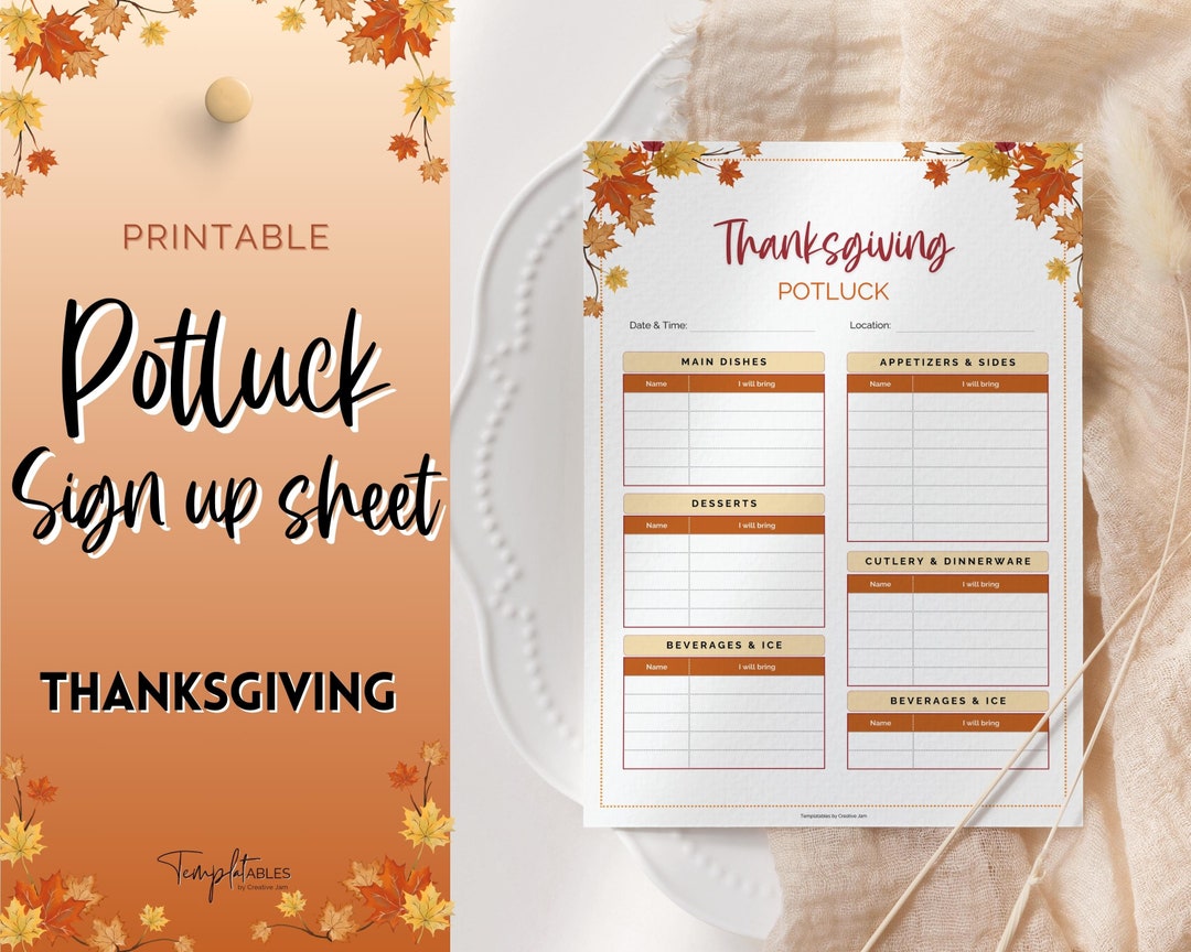 Thanksgiving Potluck Sign up Sheet, Potluck Signup Sheet, Thanksgiving ...