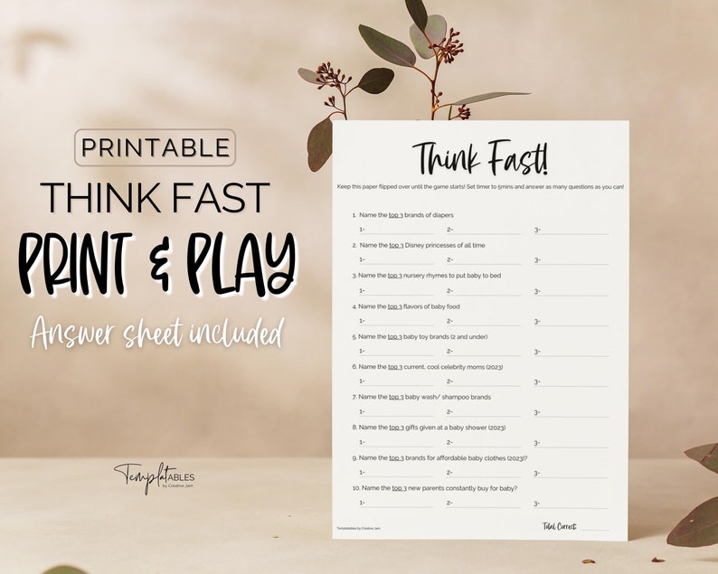 Think Fast Baby Shower Game Printable Baby Shower Games - Etsy
