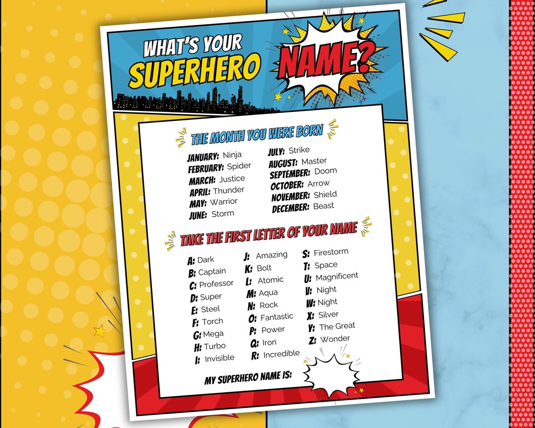 Superhero Party Sign, What’s Your Superhero Name? Sign, Super Hero ...