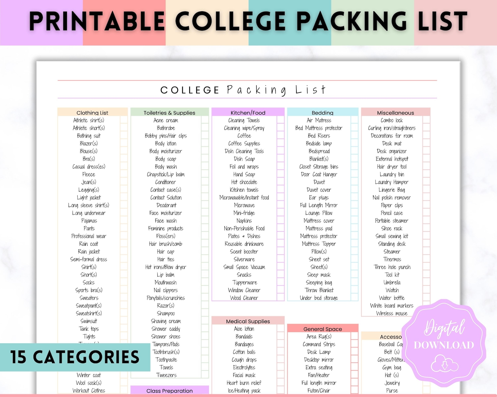 Printable College Packing List, Back to School, Packing Checklist ...