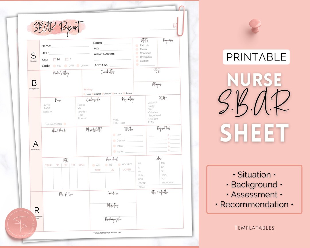 SBAR Nurse Brain Sheet, Nurse Report Sheet, ICU Nurse Report, RN ...