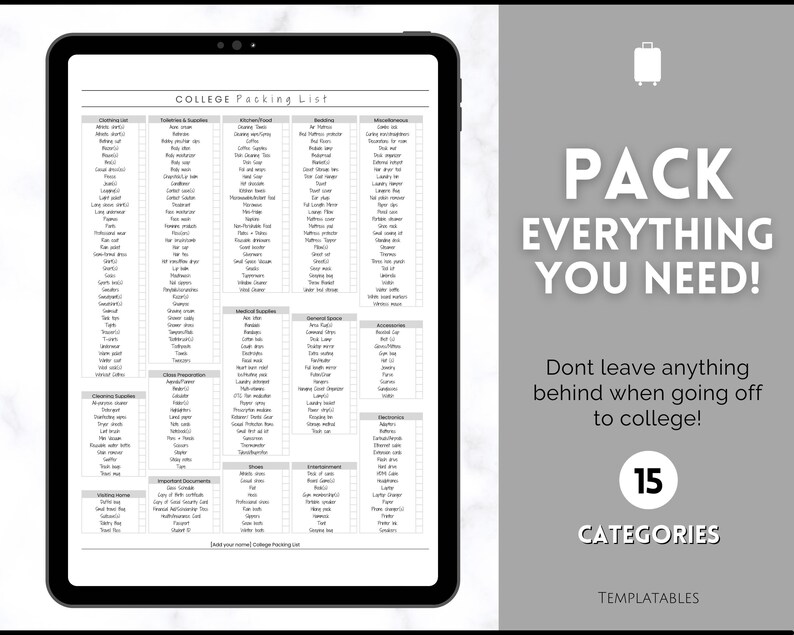 Printable College Packing List, Back to School, Packing Checklist ...