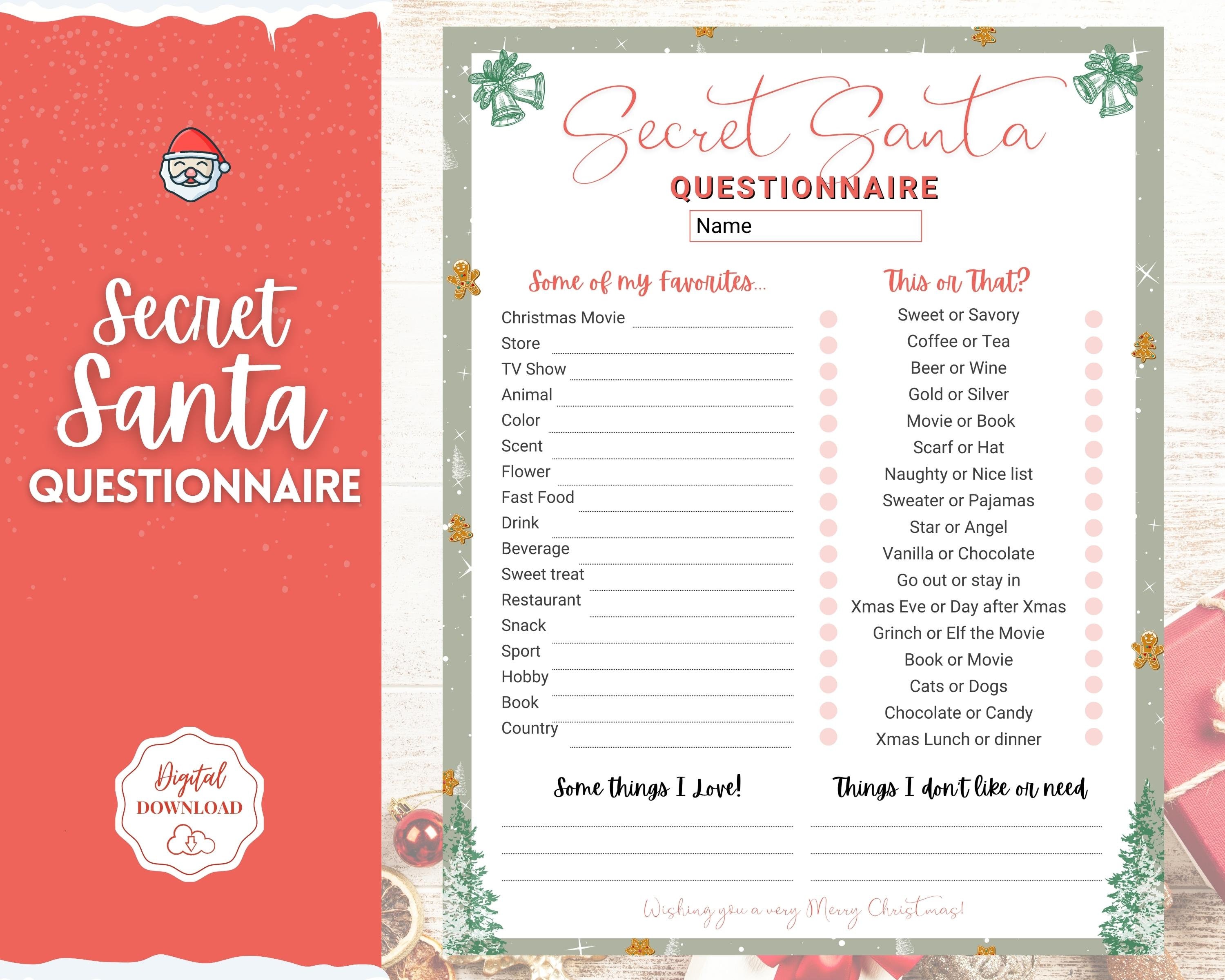 Printable Secret Santa Questionnaire. Holiday Gift Exchange - Etsy