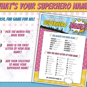 Superhero Party Sign, GIRLS What’s Your Superhero Name? Game, Super ...