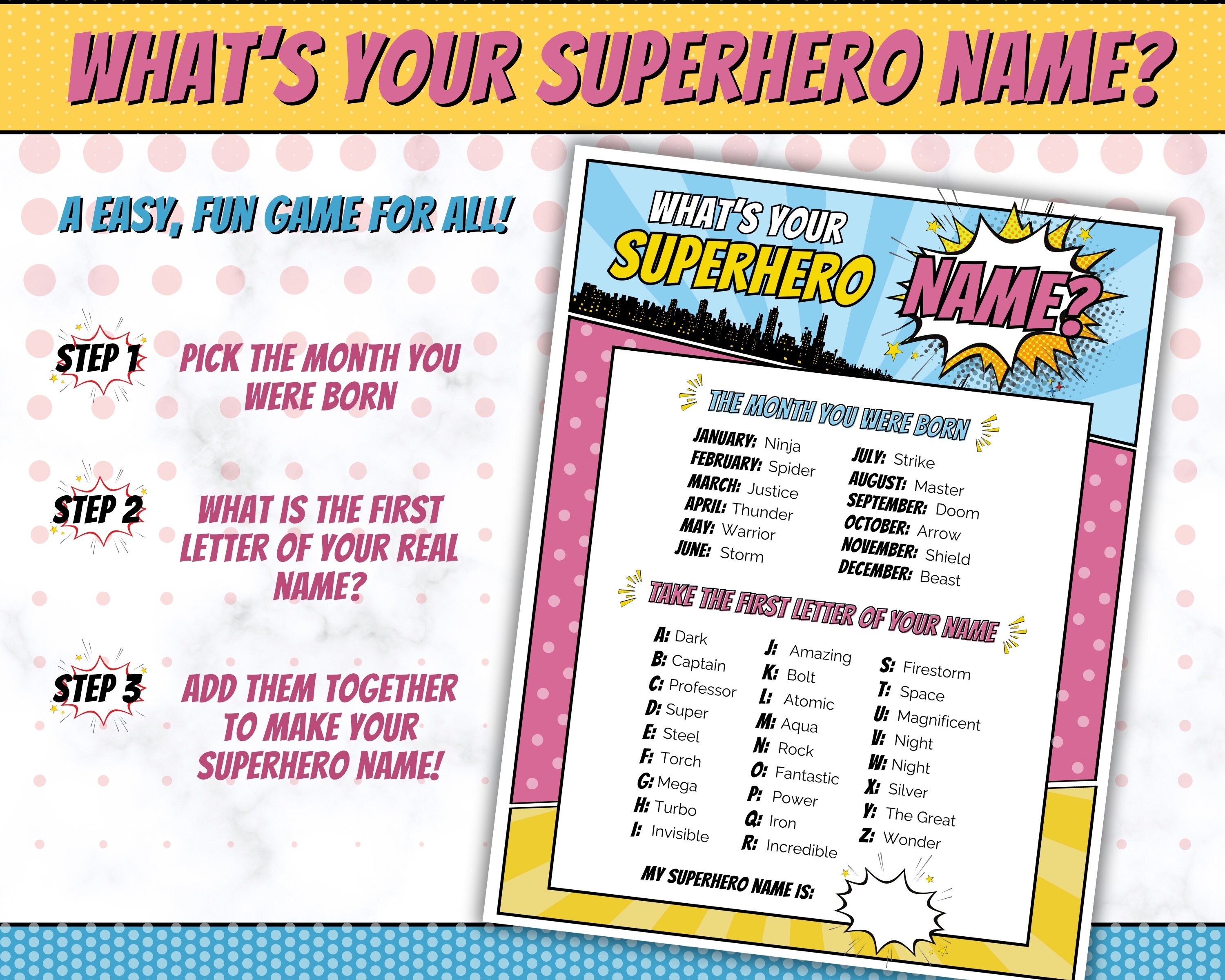 Superhero Party Sign, GIRLS What’s Your Superhero Name? Game, Super ...