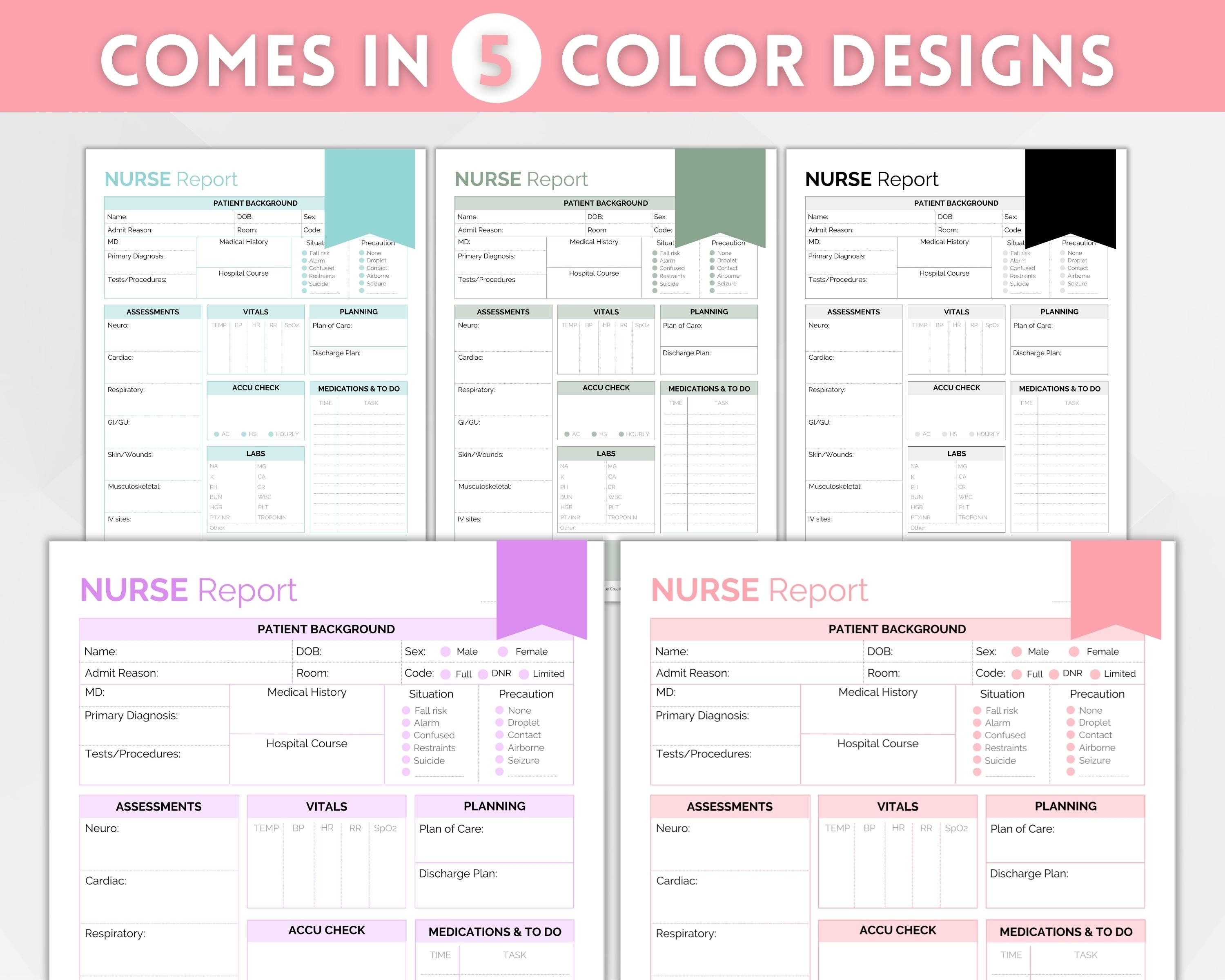 Nurse Report Sheet Bundle 5 Colors Nurse Brain Sheet ICU - Etsy UK