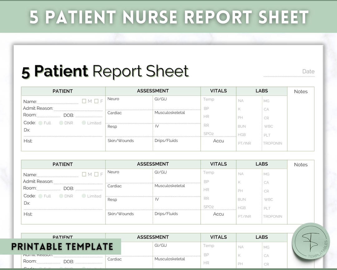 5 Patient Nurse Report Sheet, Nurse Brain Sheet, ICU Nurse Report, RN ...