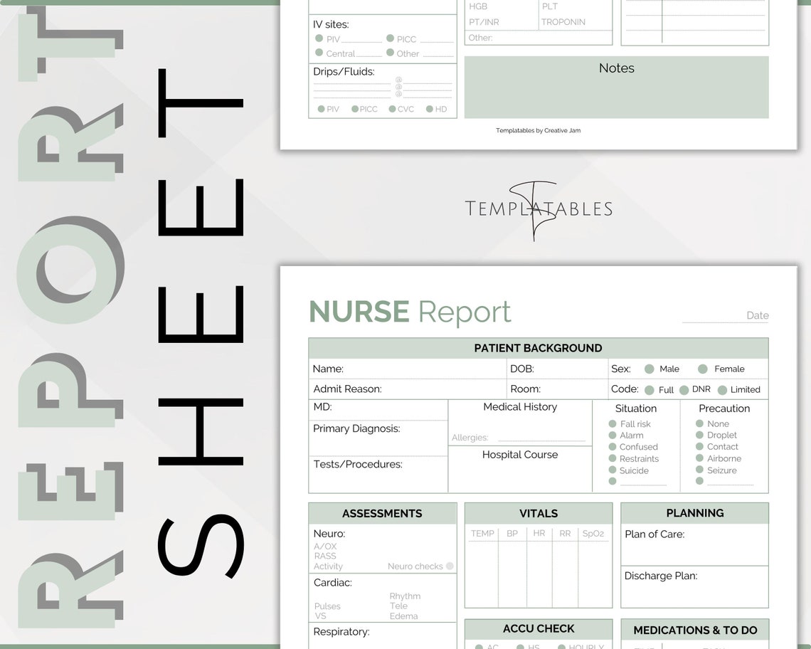 Nurse Report Sheet Bundle, 5 Colors, Nurse Brain Sheet, ICU Nurse ...