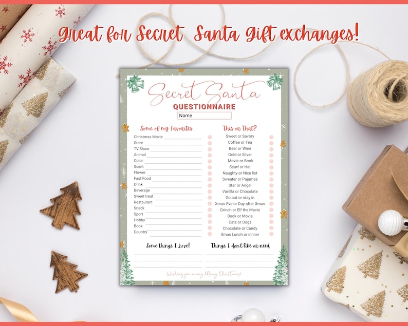 Printable Secret Santa Questionnaire. Holiday Gift Exchange - Etsy UK
