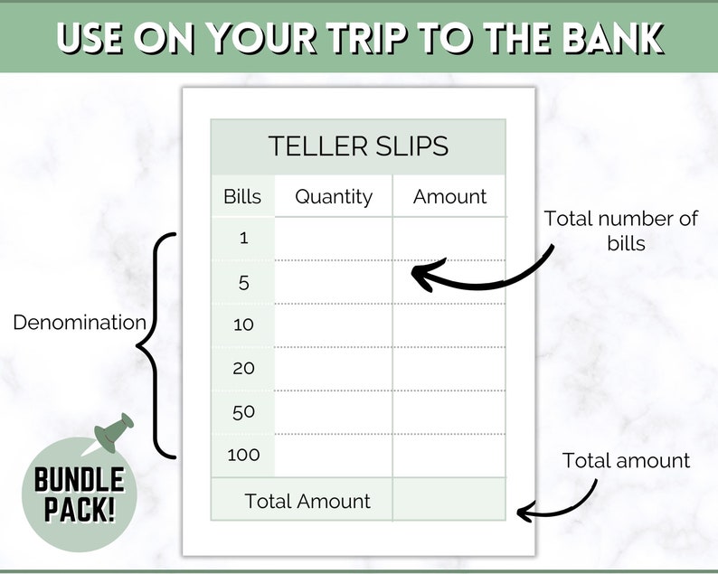 Printable Cash Breakdown Teller Slips, Cash Slips, Bank Teller, Cash ...