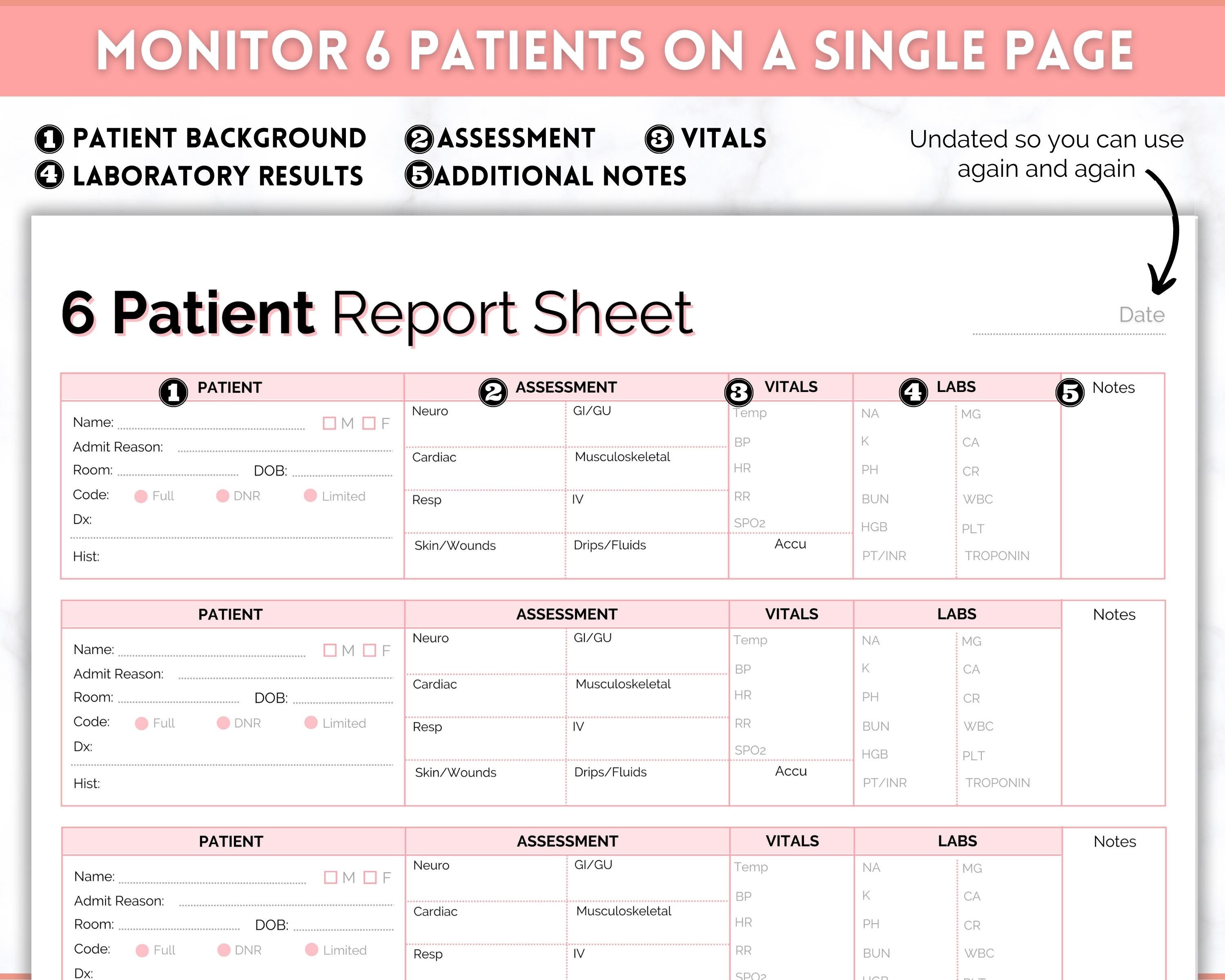 6 Patient Nurse Report Sheet Nurse Brain Sheet ICU Nurse - Etsy UK