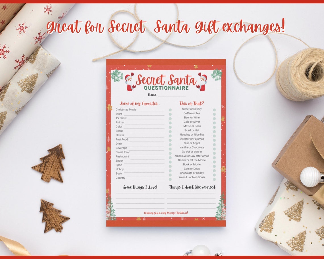 Secret Santa Questionnaire Printable. Holiday Gift Exchange - Etsy