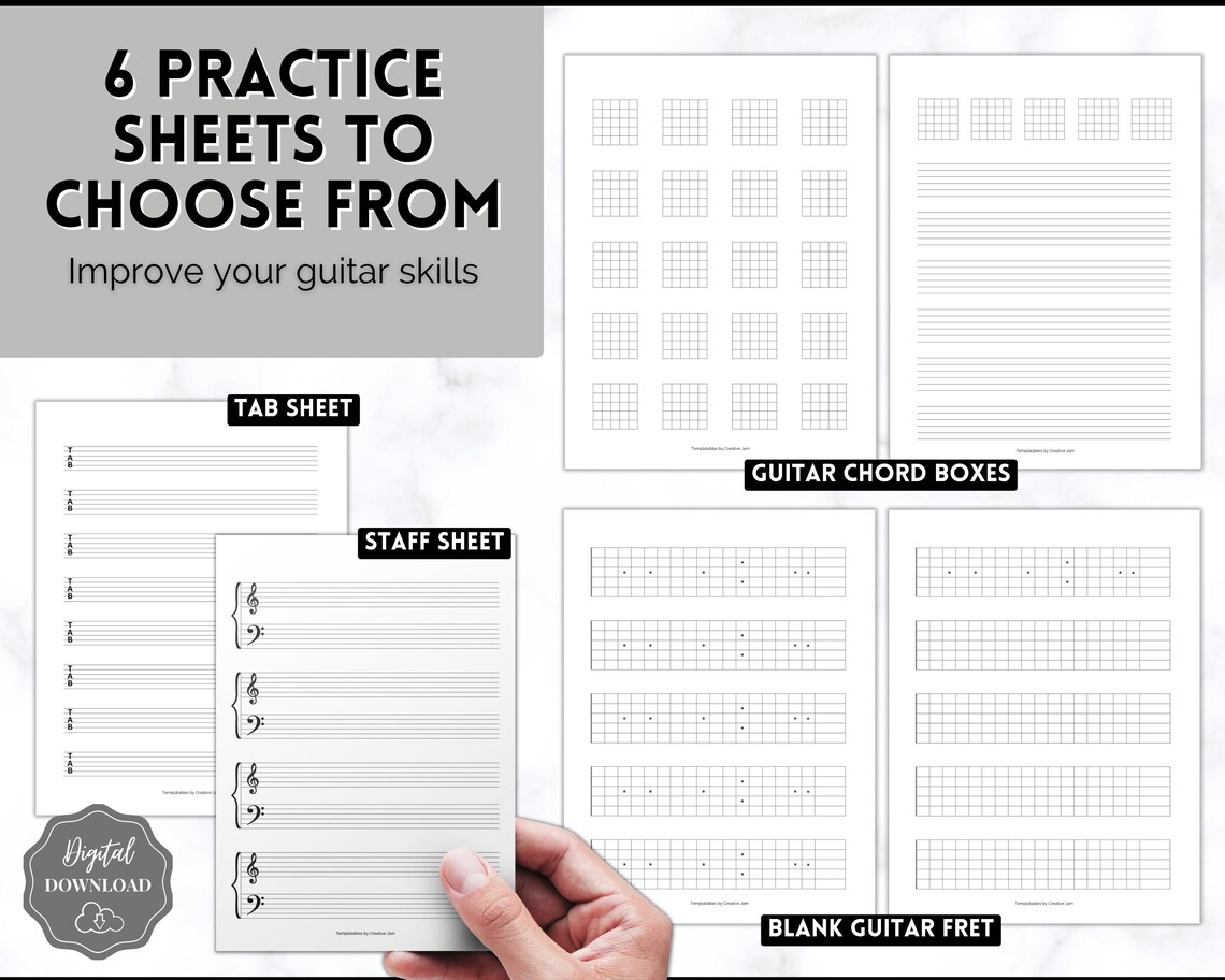 Guitar Practice Sheet BUNDLE, Printable Guitar Chord Sheets, Blank ...