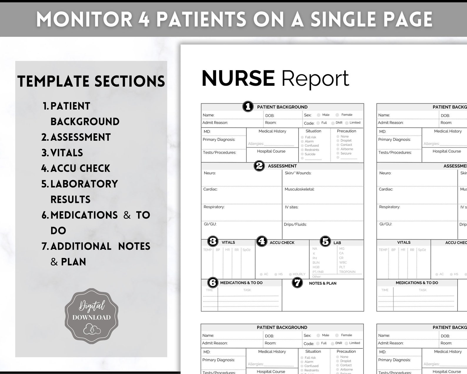 4 Patient Nurse Report Sheet, Nurse Brain Sheet, 5 Colors, ICU Nurse ...