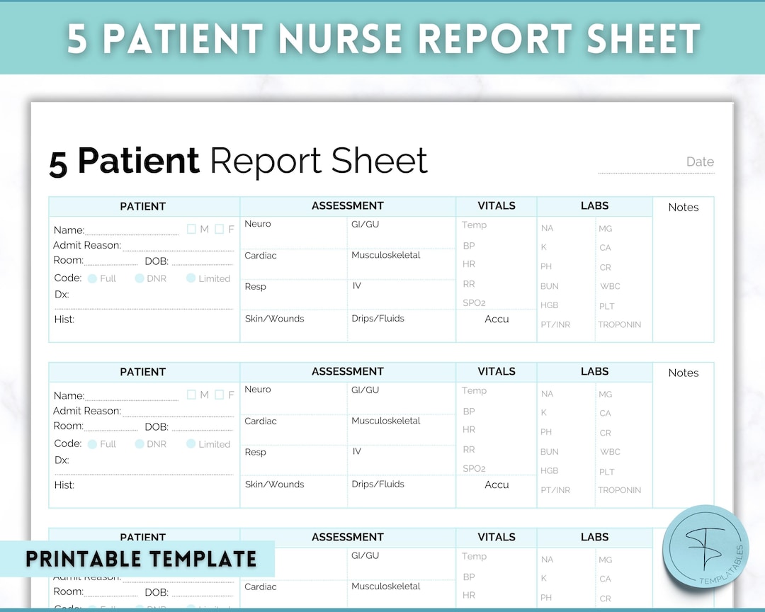5 Patient Nurse Report Sheet, Nurse Brain Sheet, ICU Nurse Report, RN ...