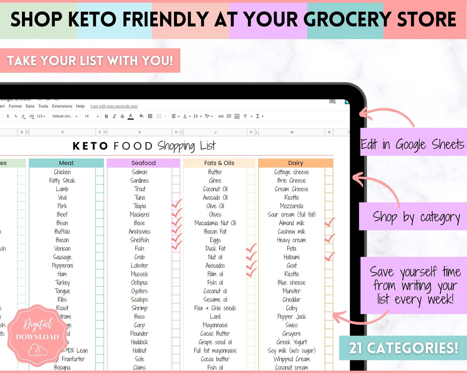 EDITABLE Keto Food List, Keto Snack List, Low Carb, Digital Grocery ...