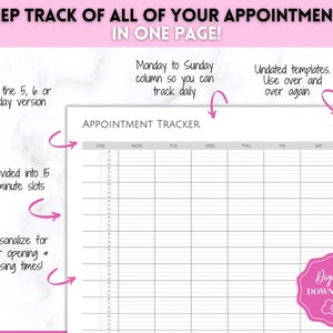 Appointment Tracker Printable, 15 Minute, Salon Planner, Therapist Appt ...