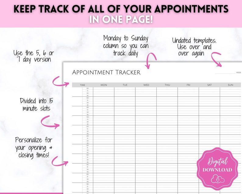 Appointment Tracker Printable, 15 Minute, Salon Planner, Therapist Appt ...