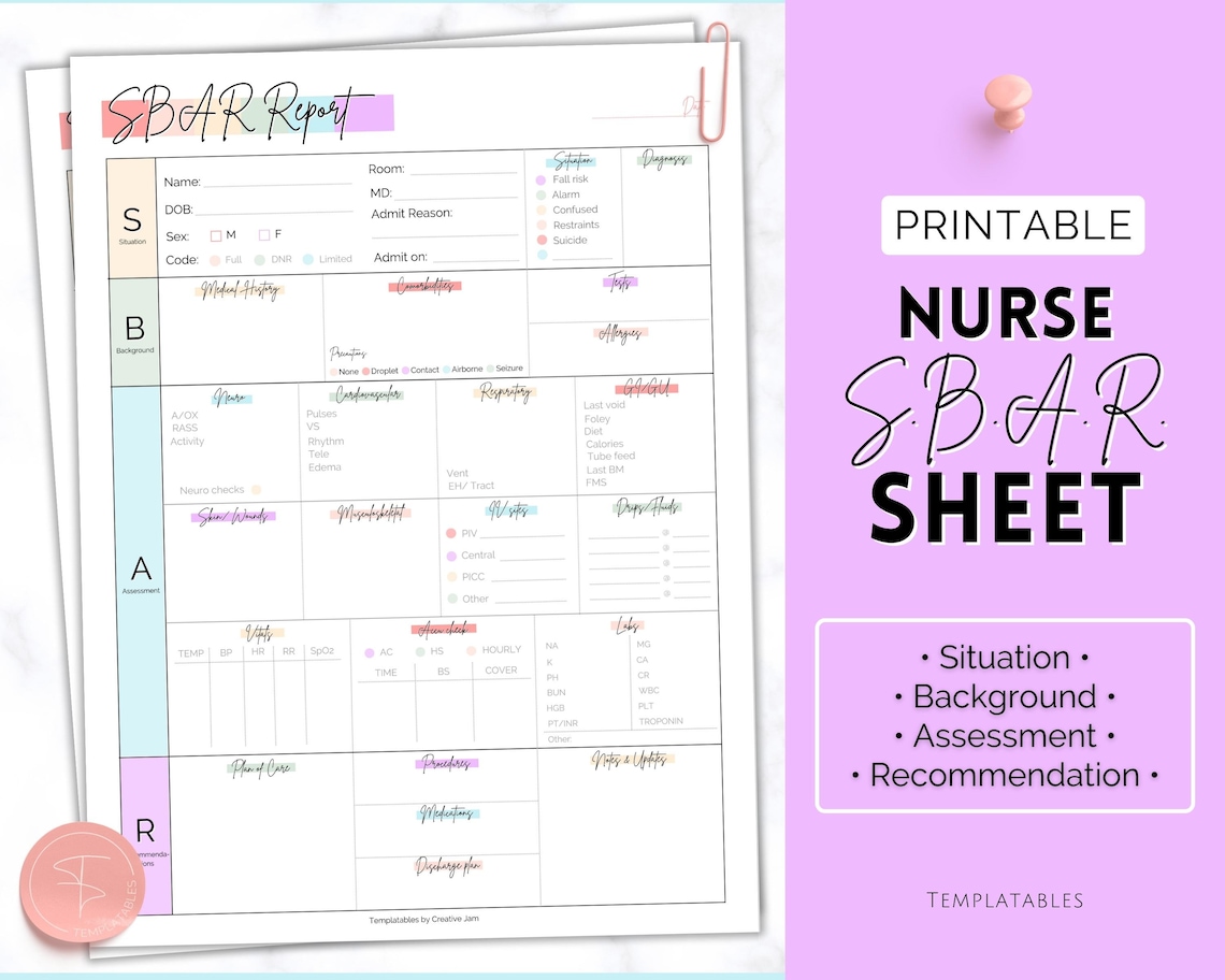 SBAR Nurse Report Sheet, Nurse Brain Sheet, ICU Nurse Report, RN ...