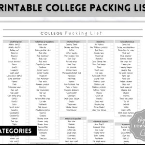 Printable College Packing List, Back to School, Packing Checklist ...