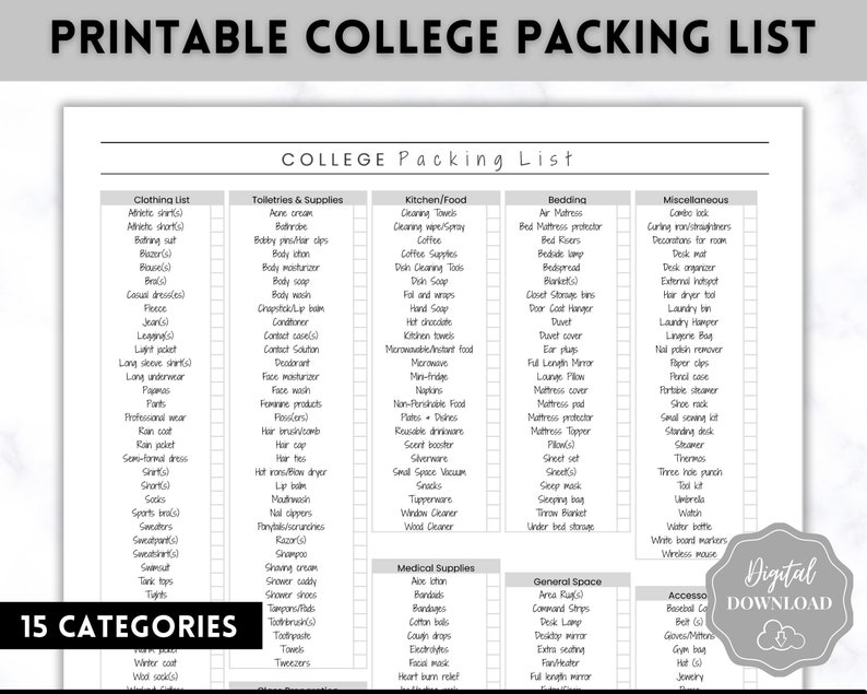 Printable College Packing List, Back to School, Packing Checklist ...