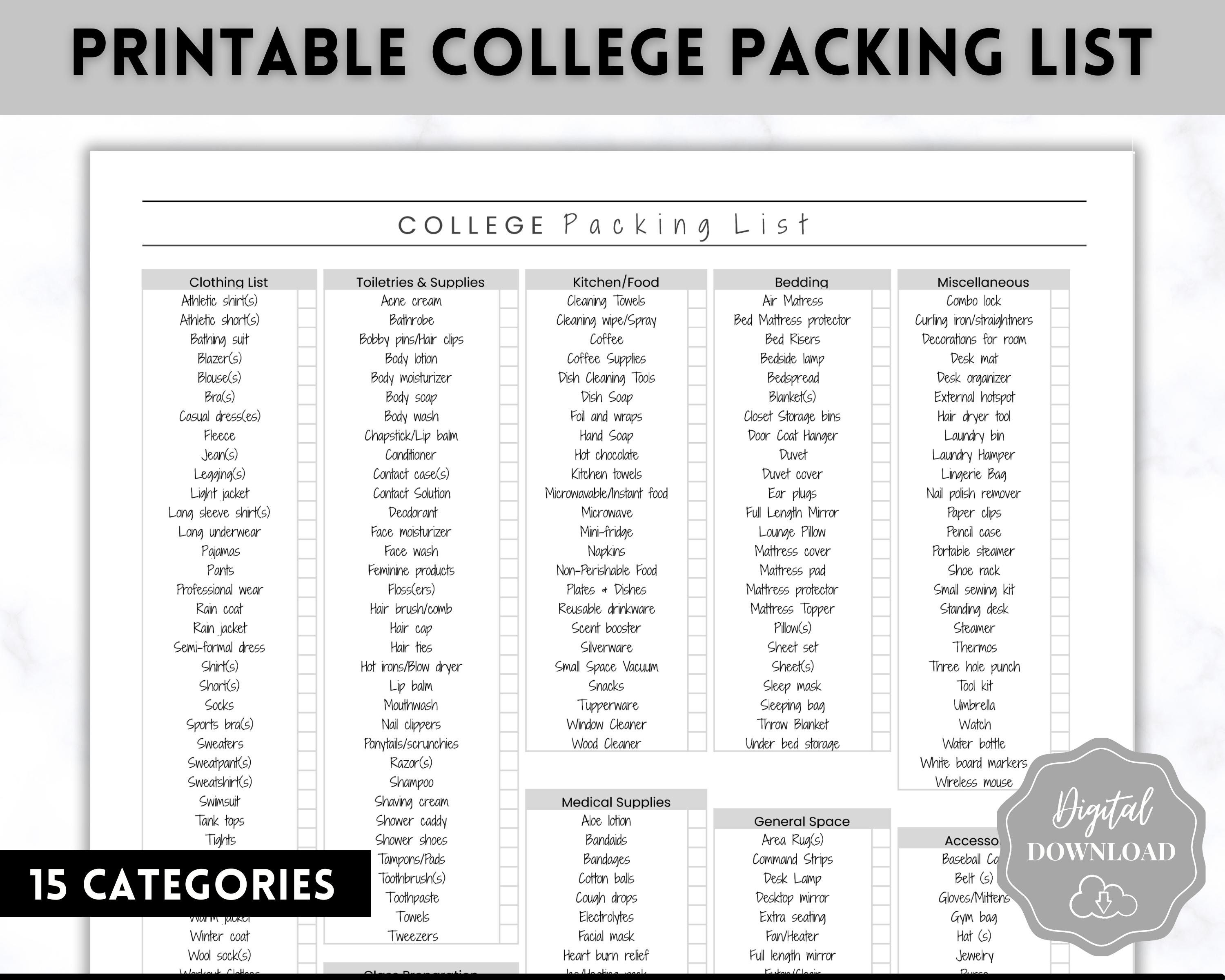 College Packing List Printable, Back to School, Packing Checklist ...