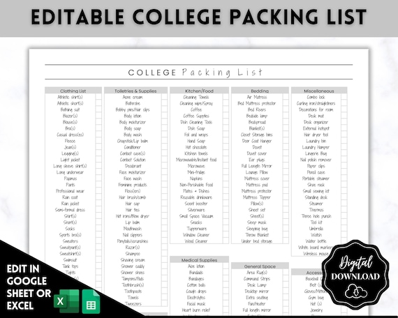 College Packing List EDITABLE Packing Checklist Back to - Etsy