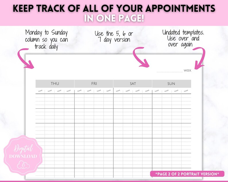 Appointment Tracker Printable, 15 Minute, Salon Planner, Therapist Appt, Beauty Appointments ...