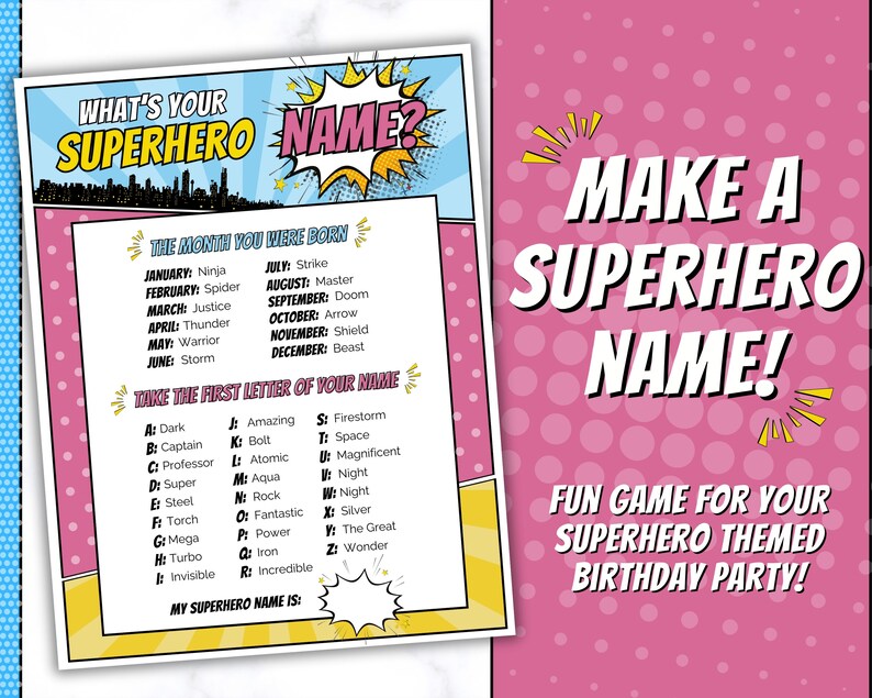 Superhero Party Sign, GIRLS What’s Your Superhero Name? Game, Super ...