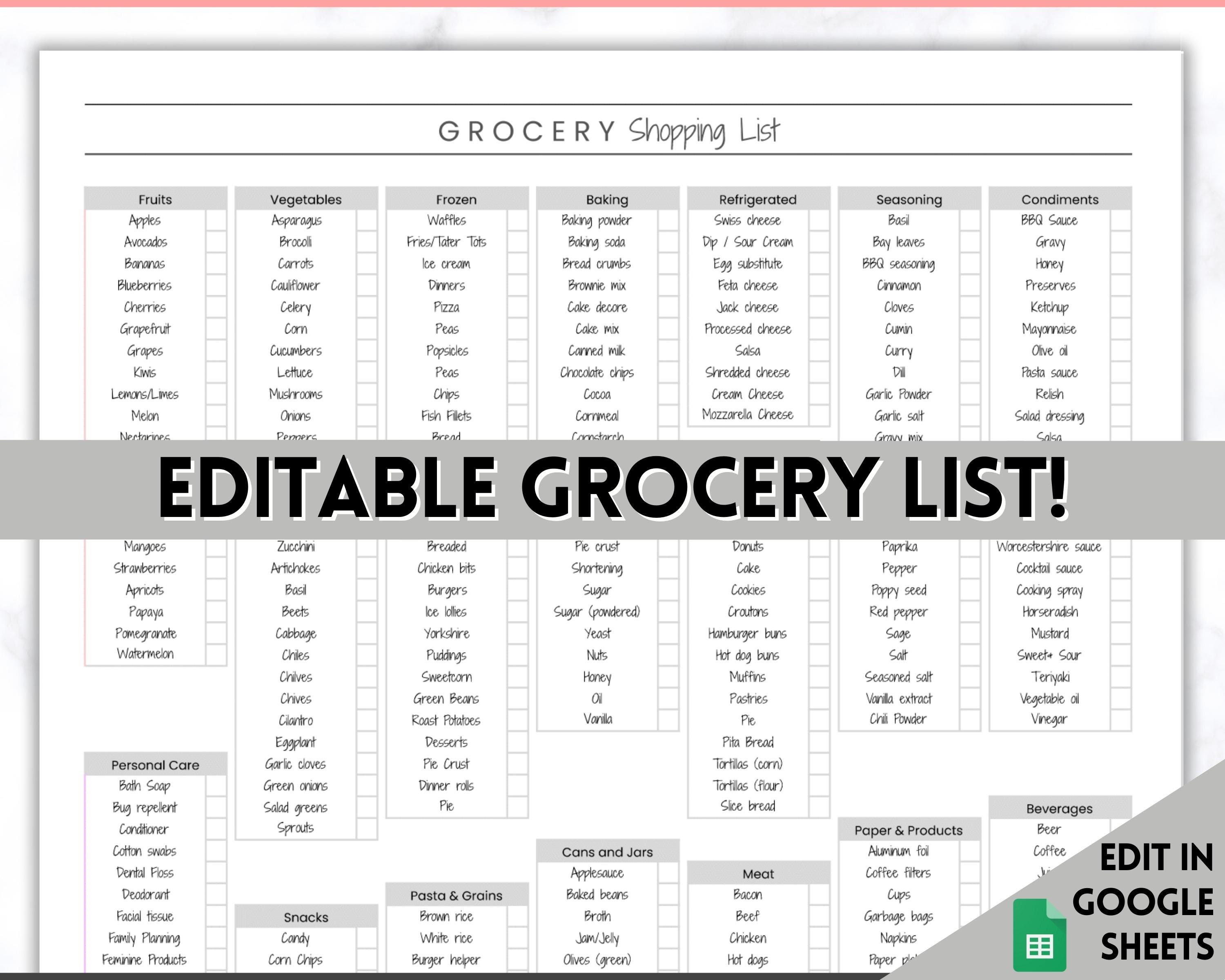 EDITABLE Grocery List, Master Grocery List Printable, Weekly Shopping ...