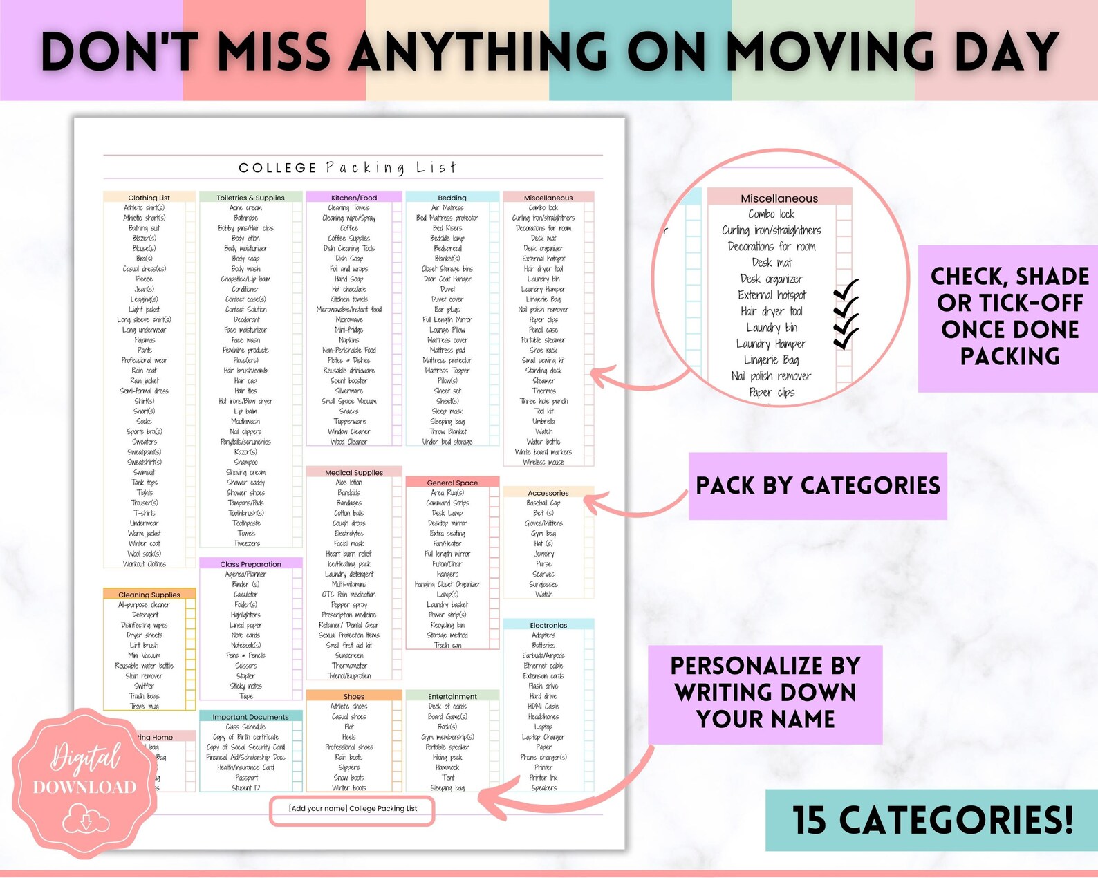 Printable College Packing List, Back to School, Packing Checklist ...