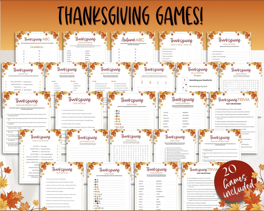 Thanksgiving Games BUNDLE, 20 Printable Thanksgiving Games, Turkey ...