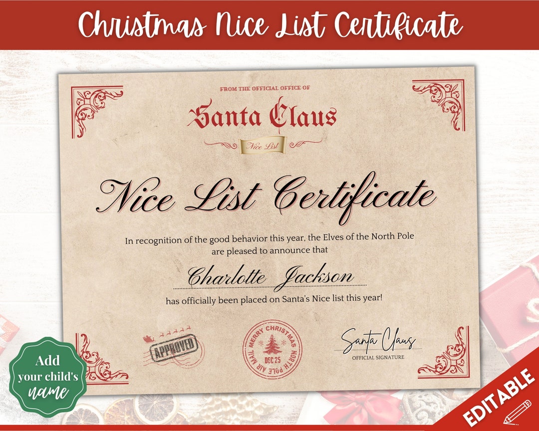 EDITABLE Christmas Nice List Certificate, Certificate Template, Holiday ...