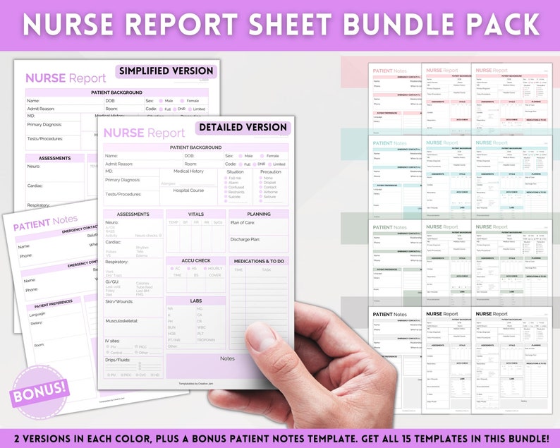 Nurse Report Sheet Bundle, 5 Colors, Nurse Brain Sheet, ICU Nurse ...