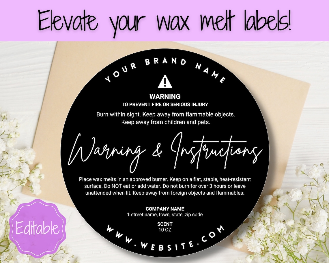 EDITABLE Wax Melt Warning Label Template Care & Fire Safety | Etsy UK