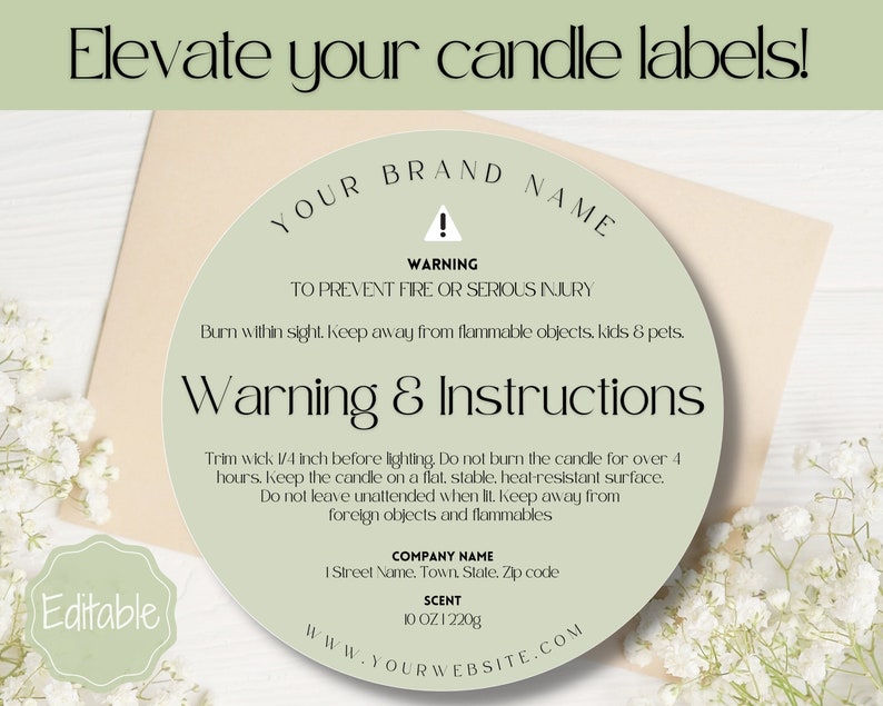 EDITABLE Candle Warning Label Template Candle Care & Fire - Etsy