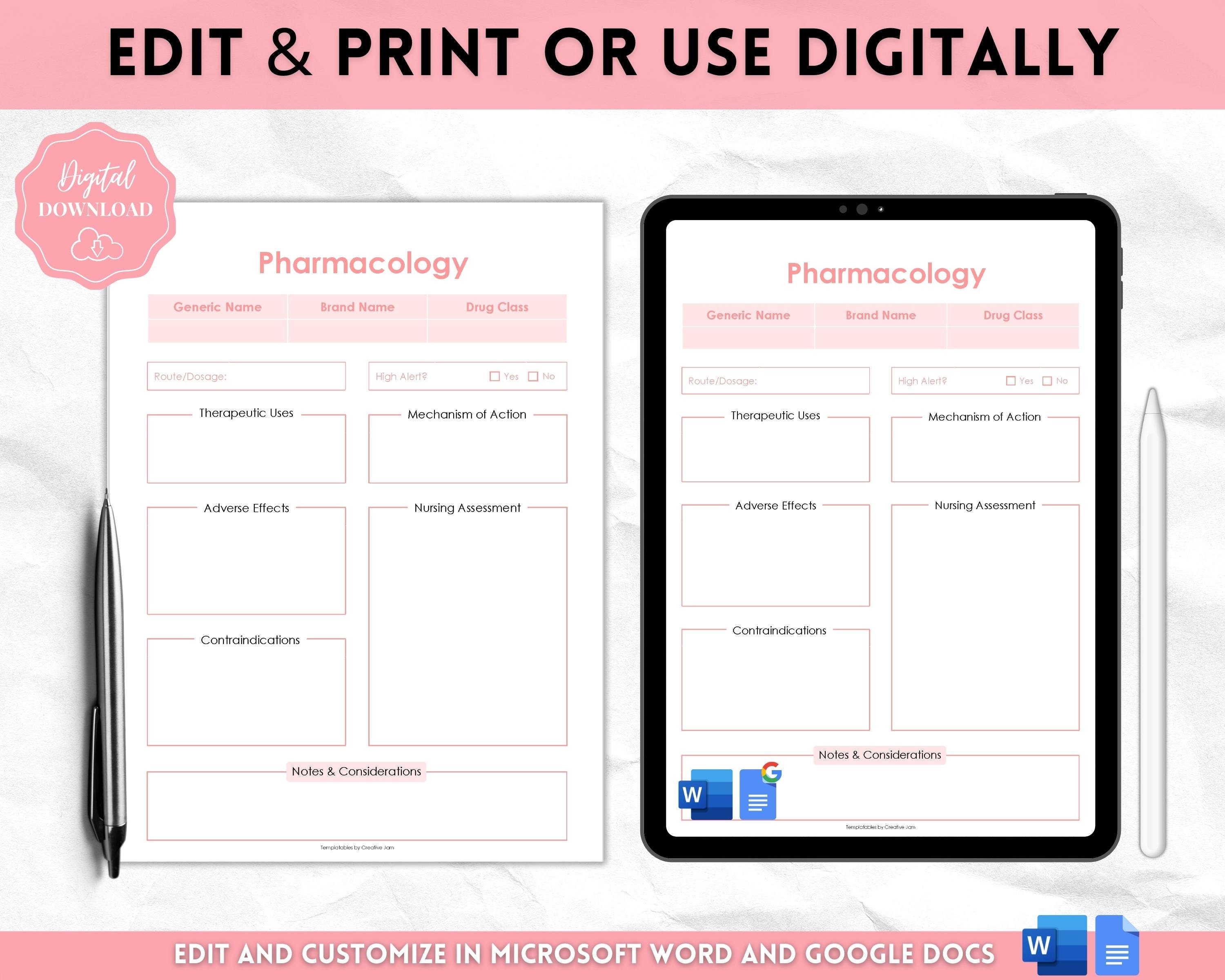 EDITABLE Nursing Pharmacology Template, Nursing Notes, Nursing School ...
