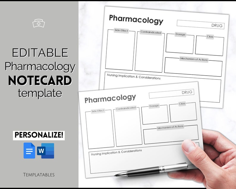 EDITABLE Pharmacology Drug Card Template, Nursing Printable, Nursing ...
