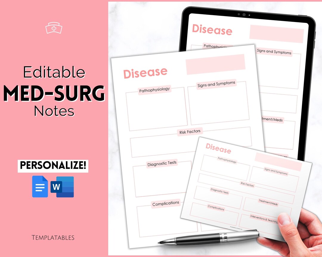 Med Surg Disease Template, EDITABLE Nursing Patho, Pathophysiology ...